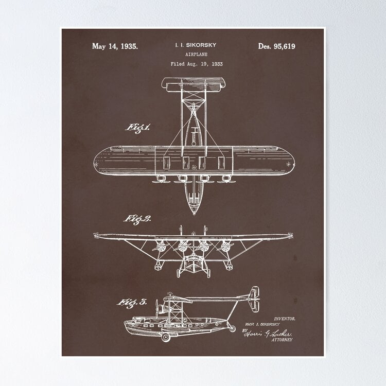 POSTER Airplane 1935 vintage patent blueprint - Brown POSTER UNFRAMED ...