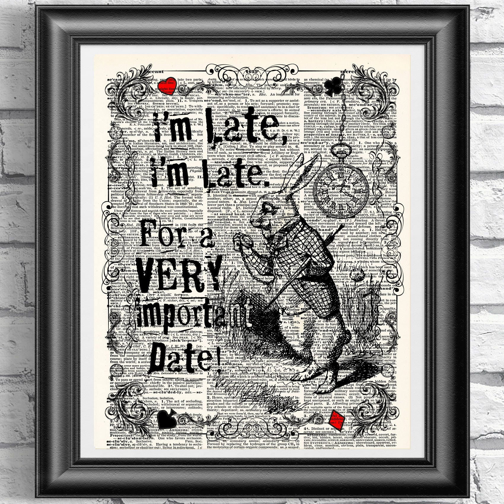 POSTER Alice in wonderland book page print, The White Rabbit I'm Late ...