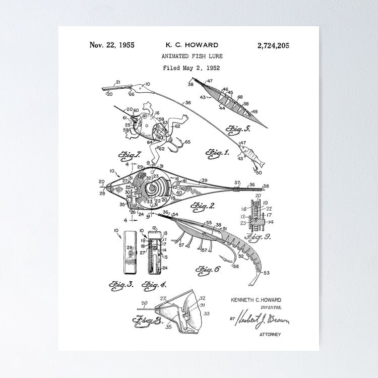 Poster Animated Fish Lure Patent Blueprint White Background - Unframed ...