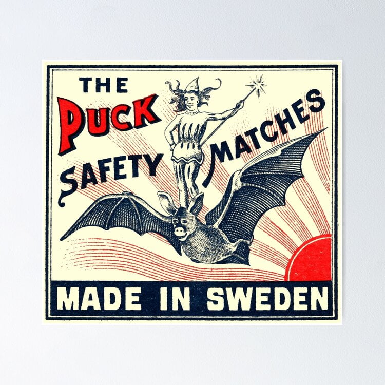 POSTER Antique Puck Riding Bat Swedish Matchbox Label POSTER UNFRAMED ...
