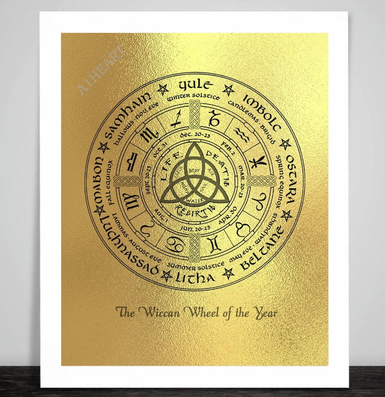 POSTER Art Print The Wiccan Wheel of the Year on Gold Foil Effect ...