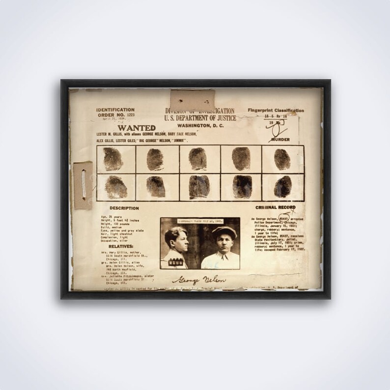 POSTER Baby Face Nelson vintage wanted poster with fingerprints - bank ...