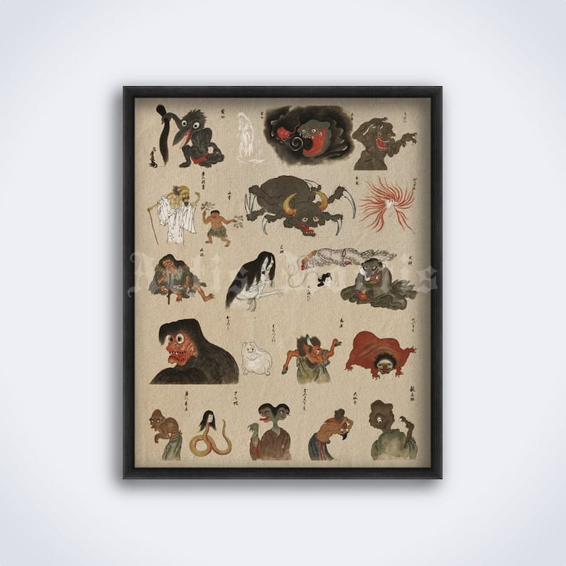 POSTER Bakemono Zukushi - Japanese monsters scroll print, dark folk art ...