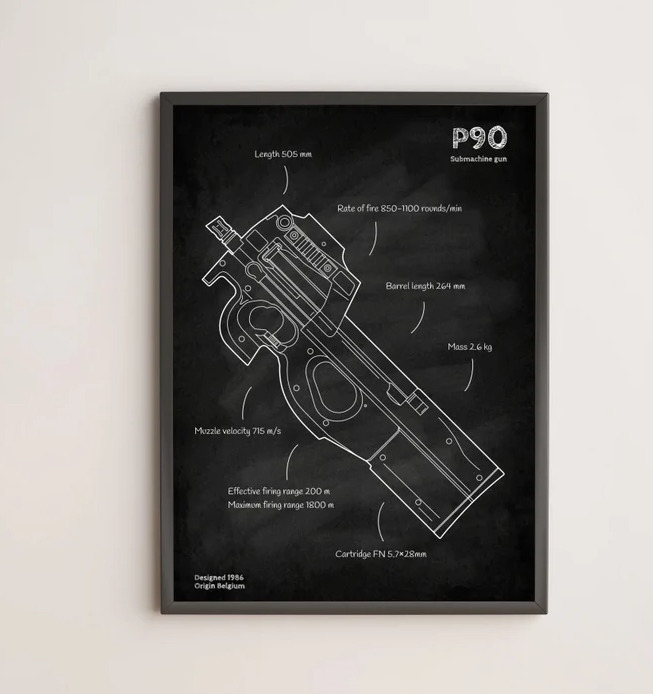 POSTER Belgium P90 Submachine gun blueprint Poster wall art-8x12 ...