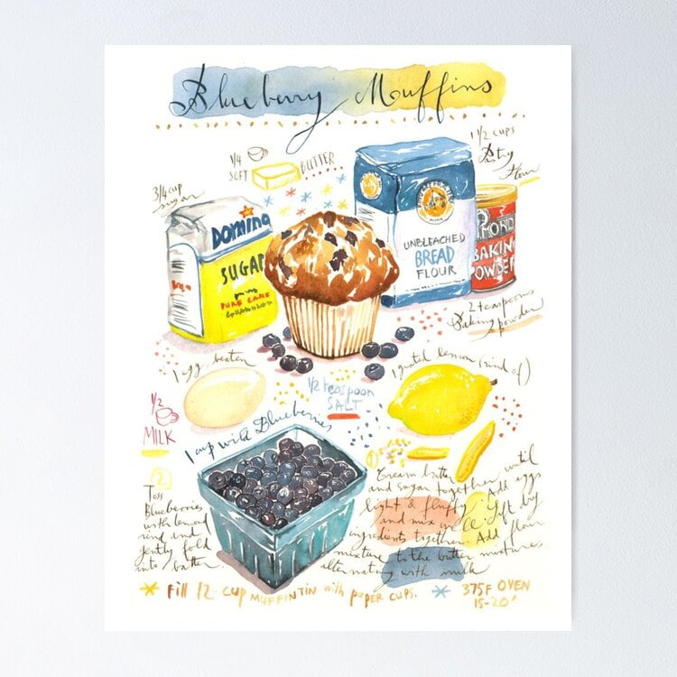 Poster Blueberry Muffin Print, Charming Cozy Watercolor, Watercolor ...