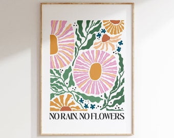 POSTER Boho Floral Poster, No Rain No Flower, Colorful Botanical Wall ...