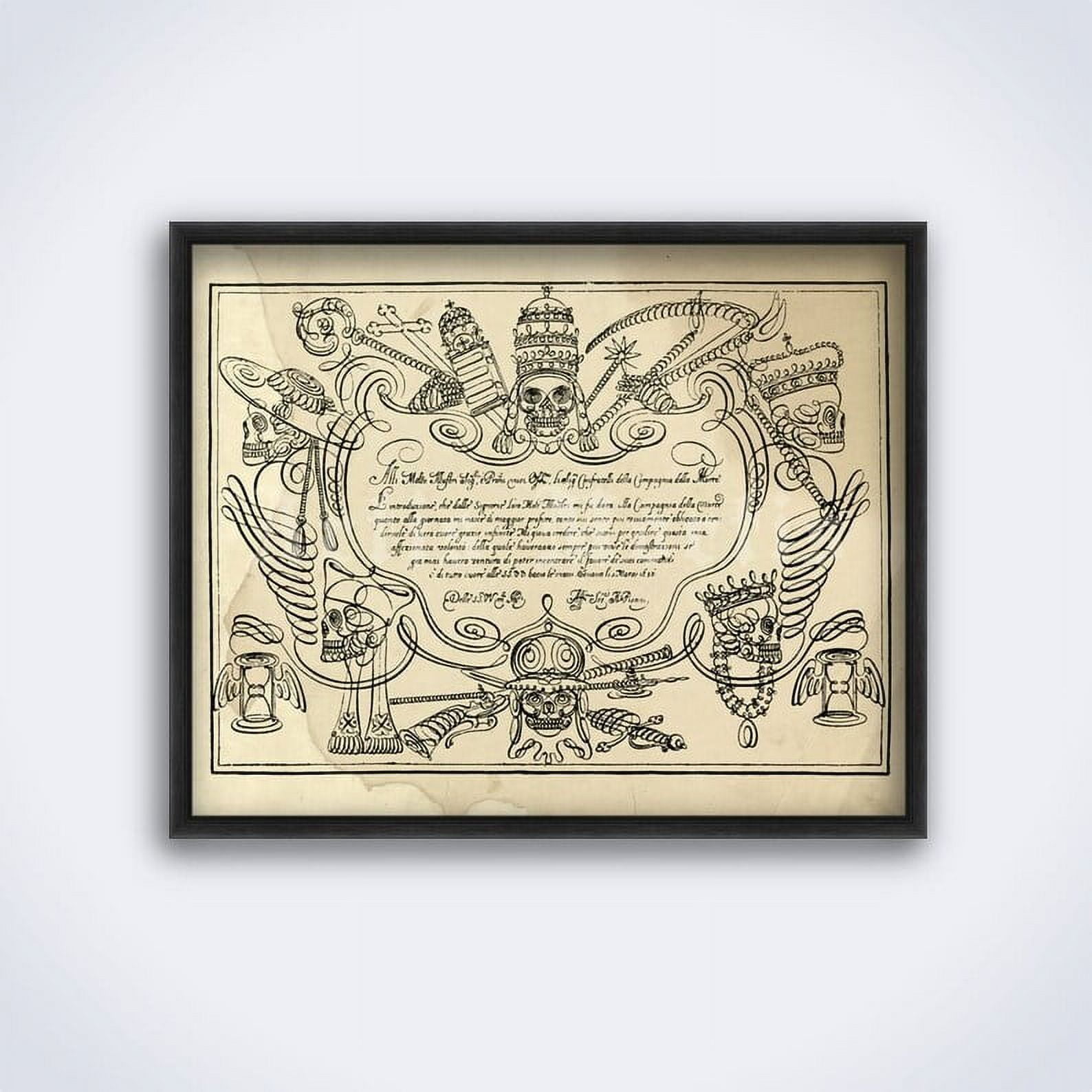 POSTER Calligraphy of Death, macabre symbols, skulls, gothic, baroque ...