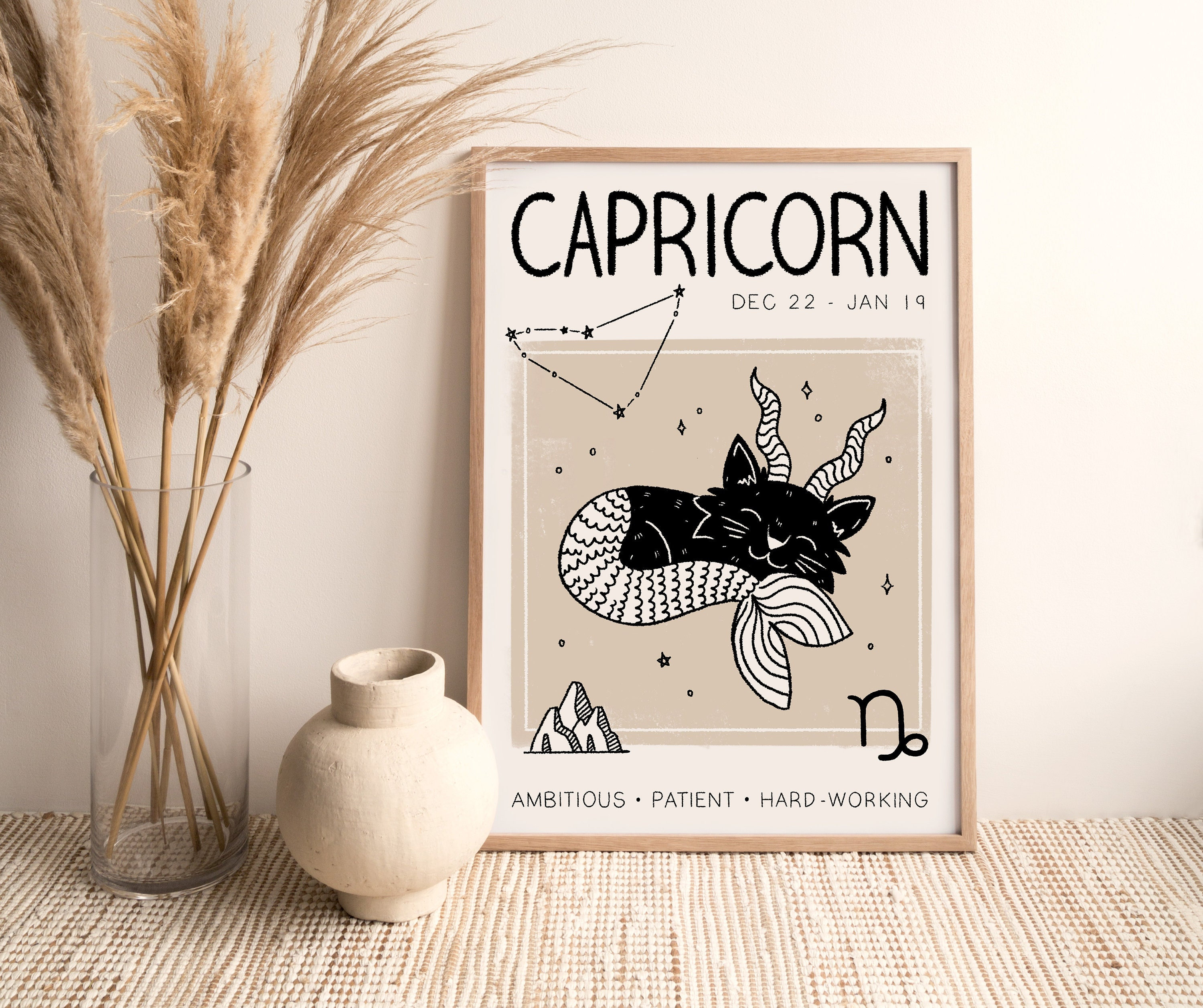 POSTER Capricorn Zodiac Star Sign Print, Cat Astrology Poster, Boho ...