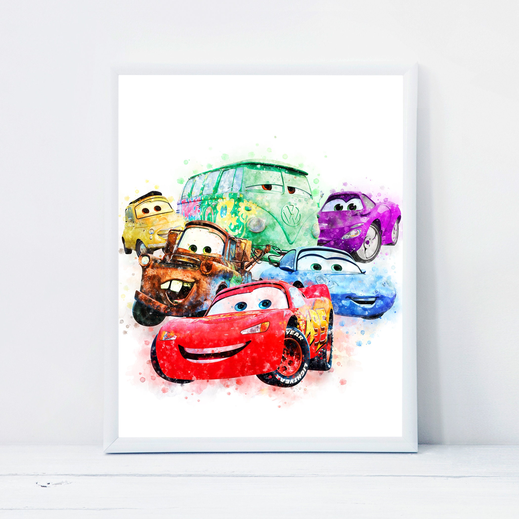 POSTER Cars Print McQueen Tow Mater Fillmore Sally Luigi Watercolor ...