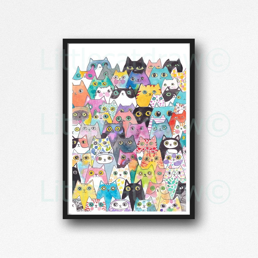 POSTER Cat Poster Art Print Colorful Kitties Kittens RAINBOW CATS ...