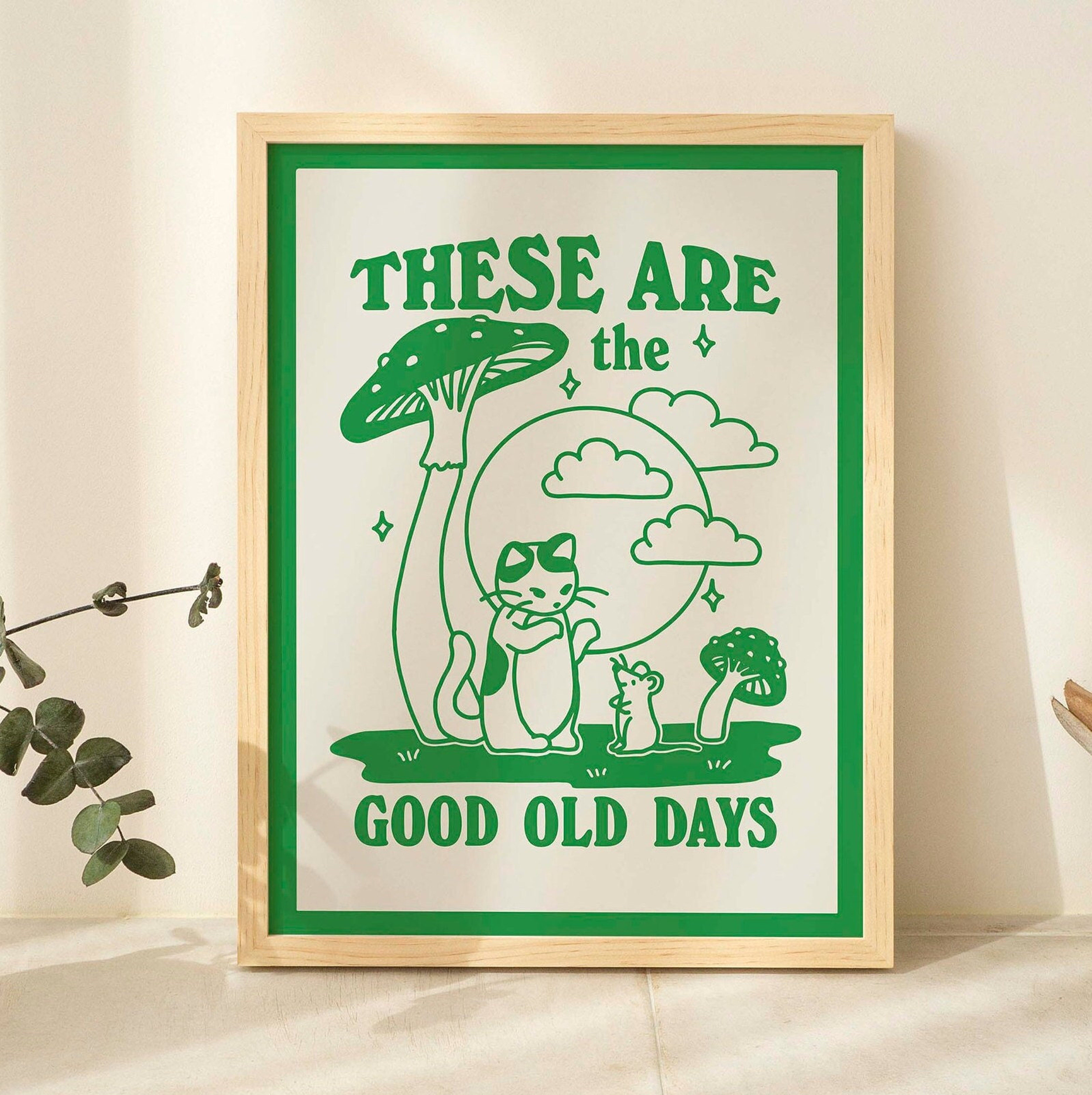POSTER Cat and Mouse Mushroom Print, Good Old Days Print, Retro Orange ...