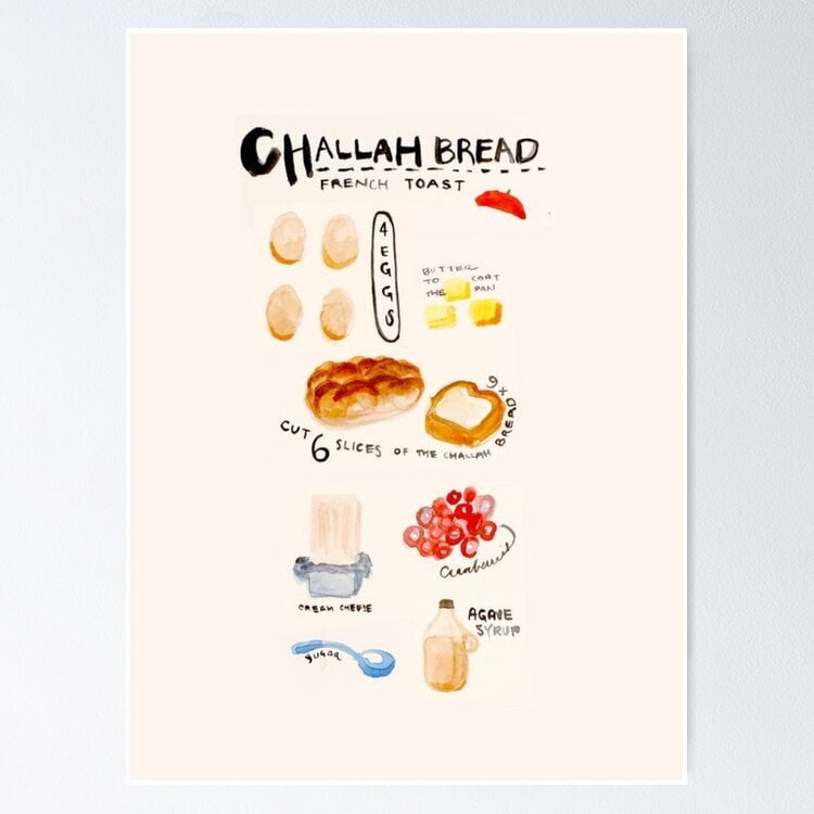 POSTER Challah recipe print, Jewish wall art, Watercolor painting ...