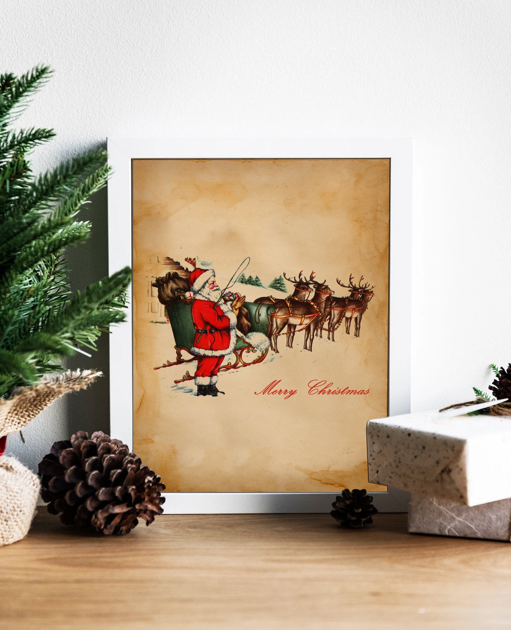 Poster Christmas Vintage Santa with Sleigh and Reindeer Art Print ...