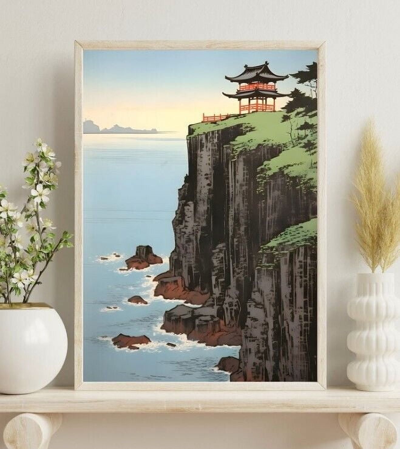 POSTER Cliffside Temple, Vintage Japanese Woodblock Art Print, Ocean ...