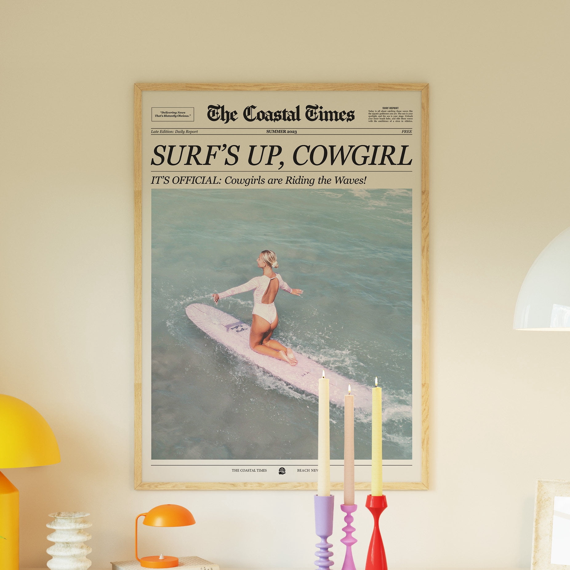 POSTER Coastal Cowgirl Wall Art Newspaper Print, Pink Surf Poster ...