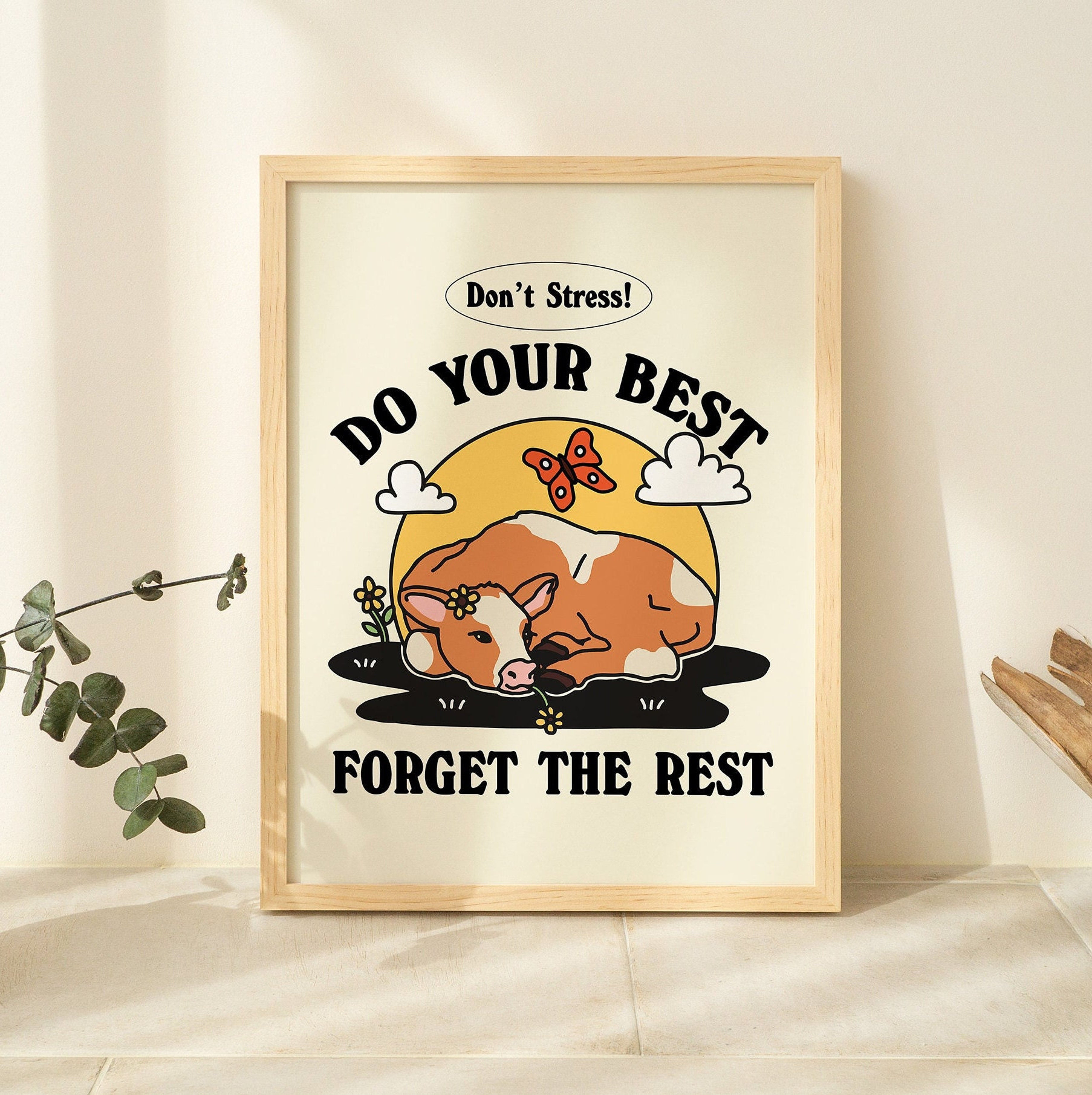 POSTER Cute Cow Butterfly Print, Do your best Quote, Retro Posters ...