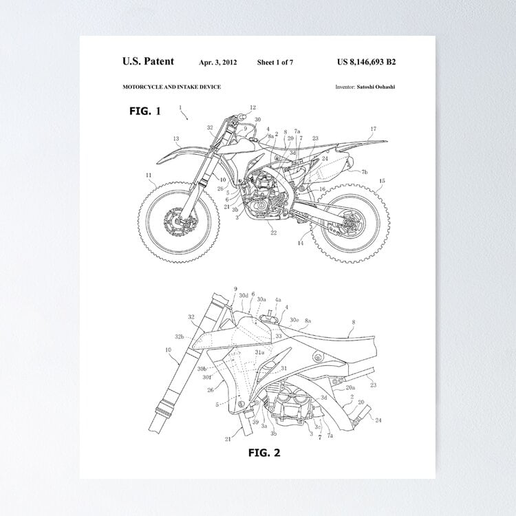 POSTER Dirt Bike Patent Drawing White Background POSTER UNFRAMED, 8x12 ...