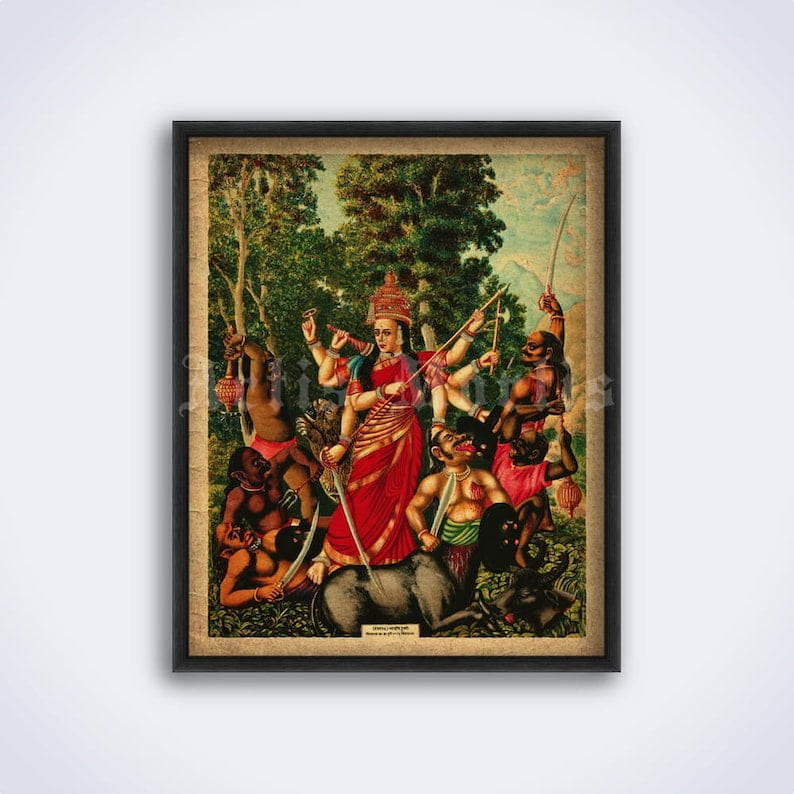 POSTER Durga fighting with demons - Hindu mythology art, Shakti goddess ...