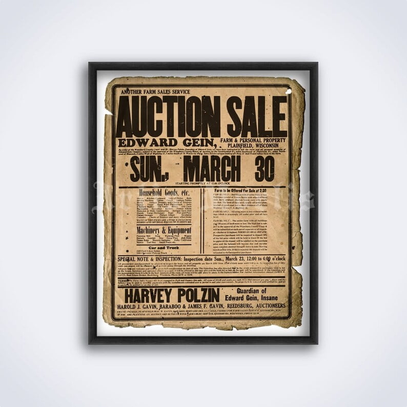 POSTER Ed Gein Farm auction sale broadside - vintage serial killer ...