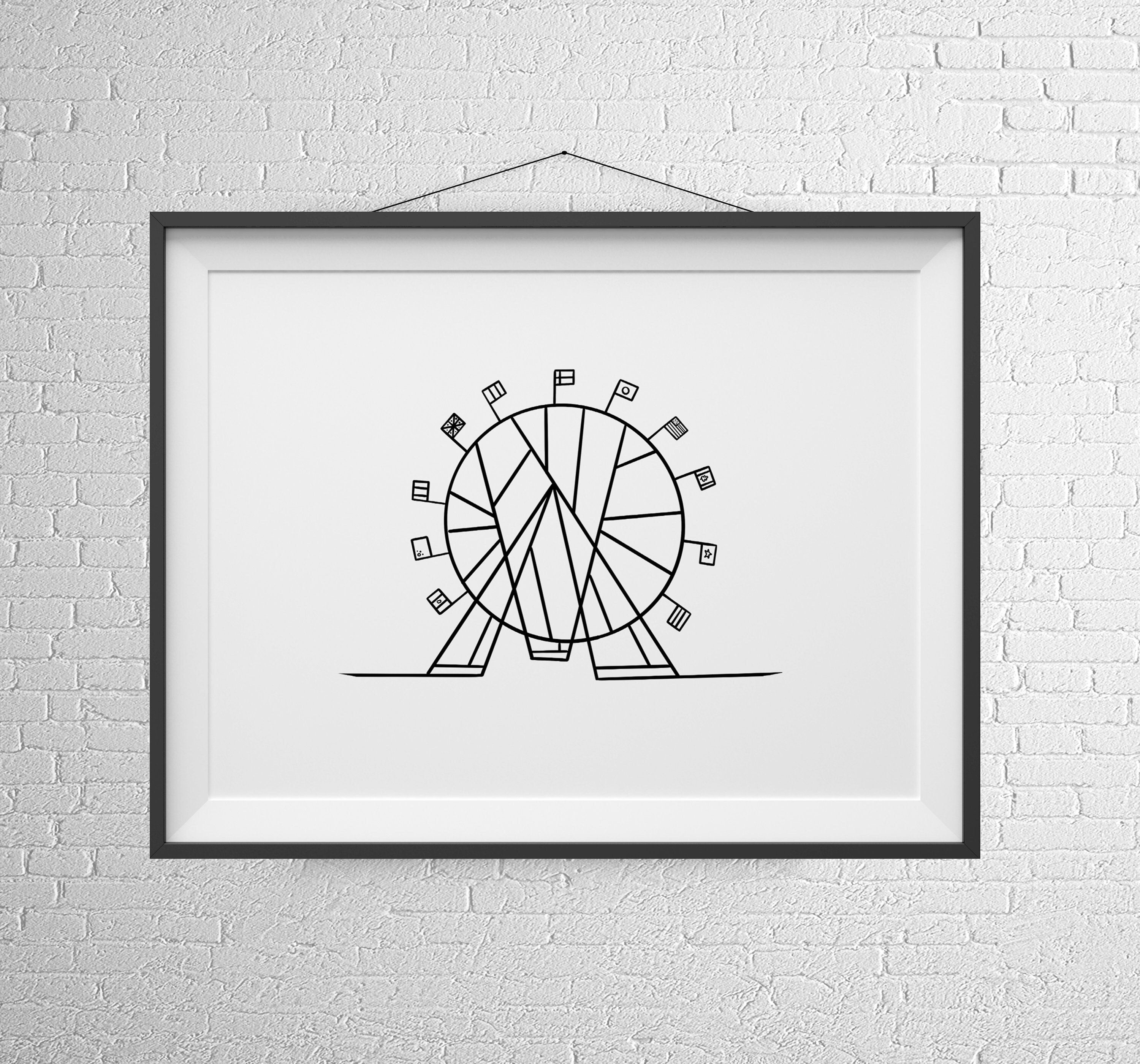 Poster Epcot, Spaceship Earth With Flags, Line Art Disney Print, Disney ...