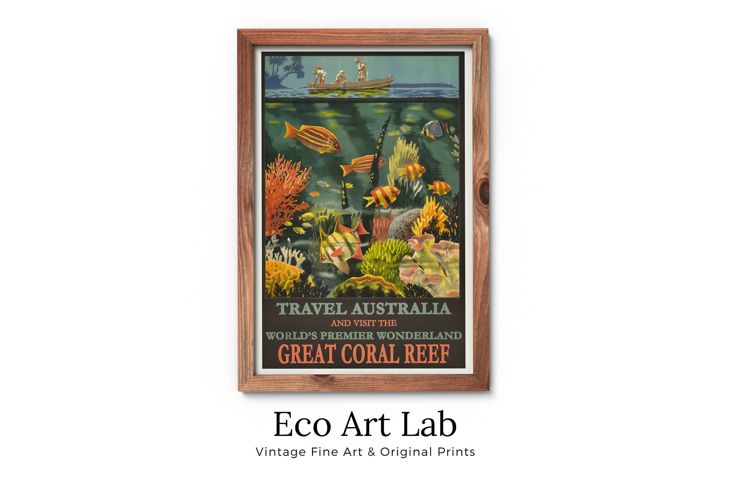 POSTER Fish and Coral in the Ocean at the Great Coral Reef Australia Vintage, Retro Travel ...
