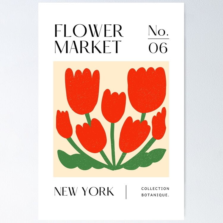 POSTER Flower Market New York - Botanical, with bright colorful red ...