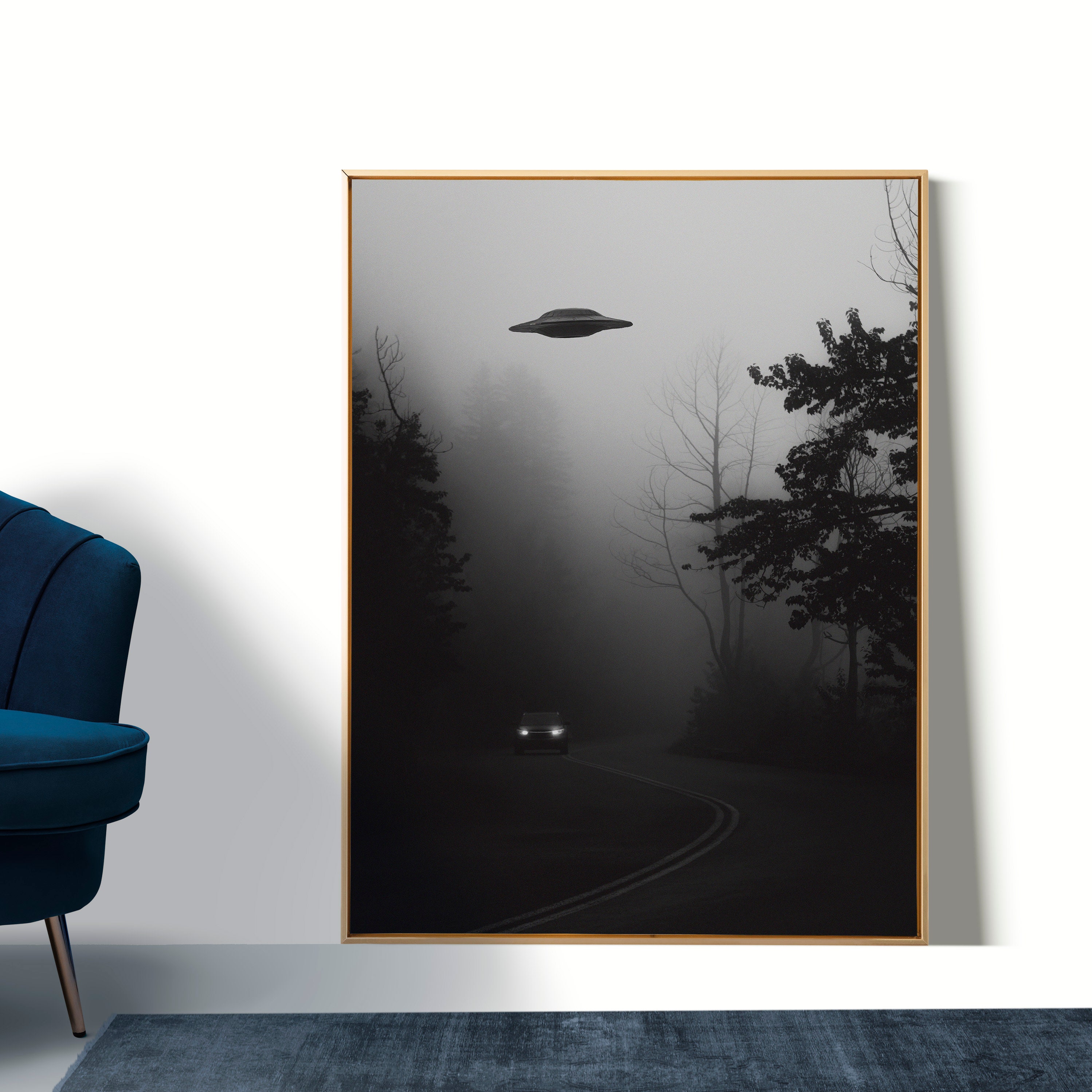 POSTER Flying saucer (UFO) above a car in a forest Poster, Black and ...