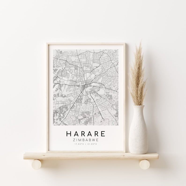 POSTER HARARE Zimbabwe Map Print, minimalist art, gifts for her, City ...