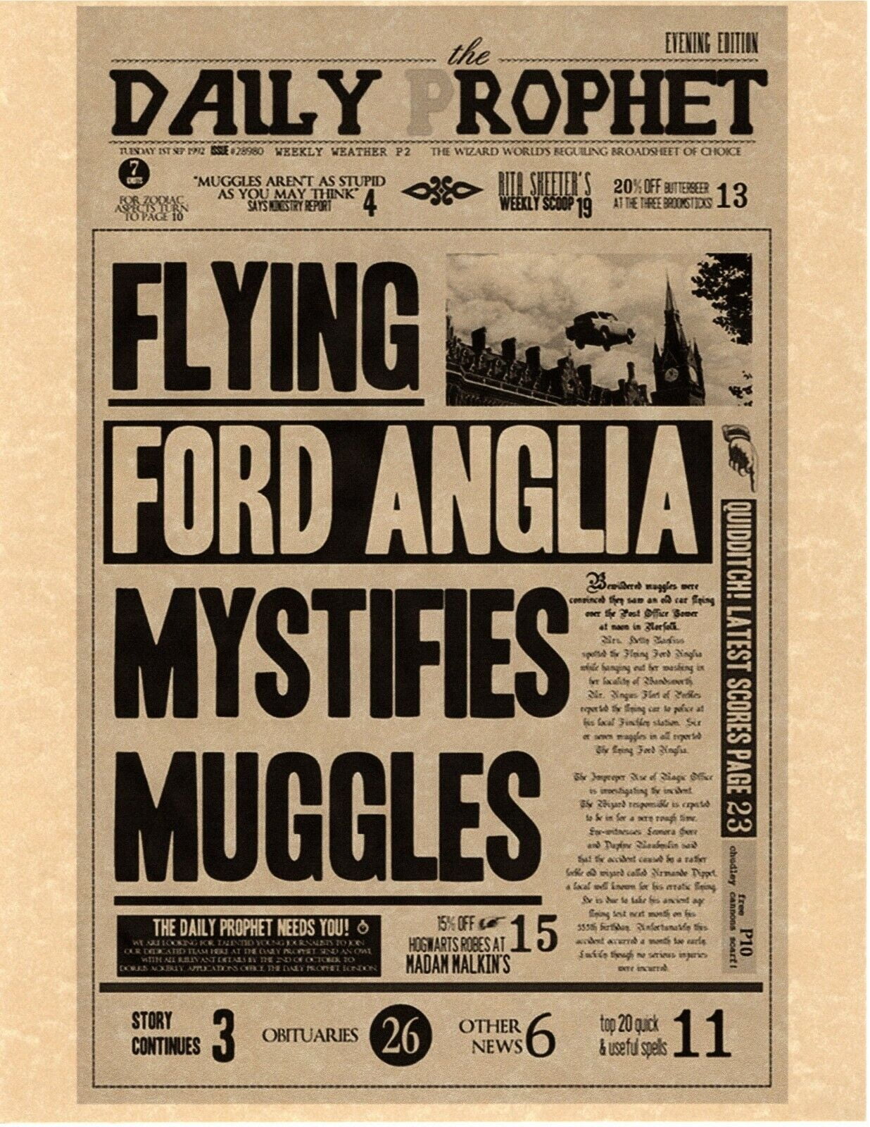 POSTER Harry Potter Daily Prophet Flying Ford Anglia Mystifies Muggles ...