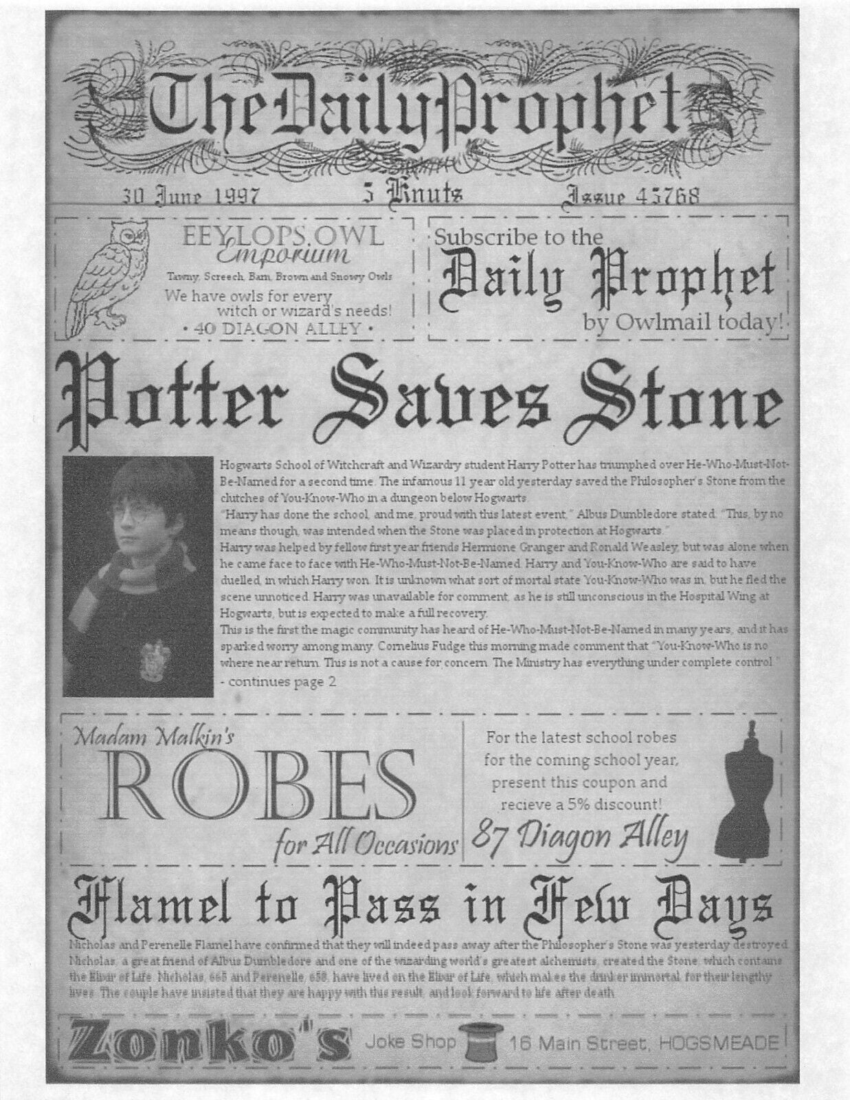 POSTER Harry Potter Daily Prophet Potter Saves Stone Prop/Replica-24x36 ...