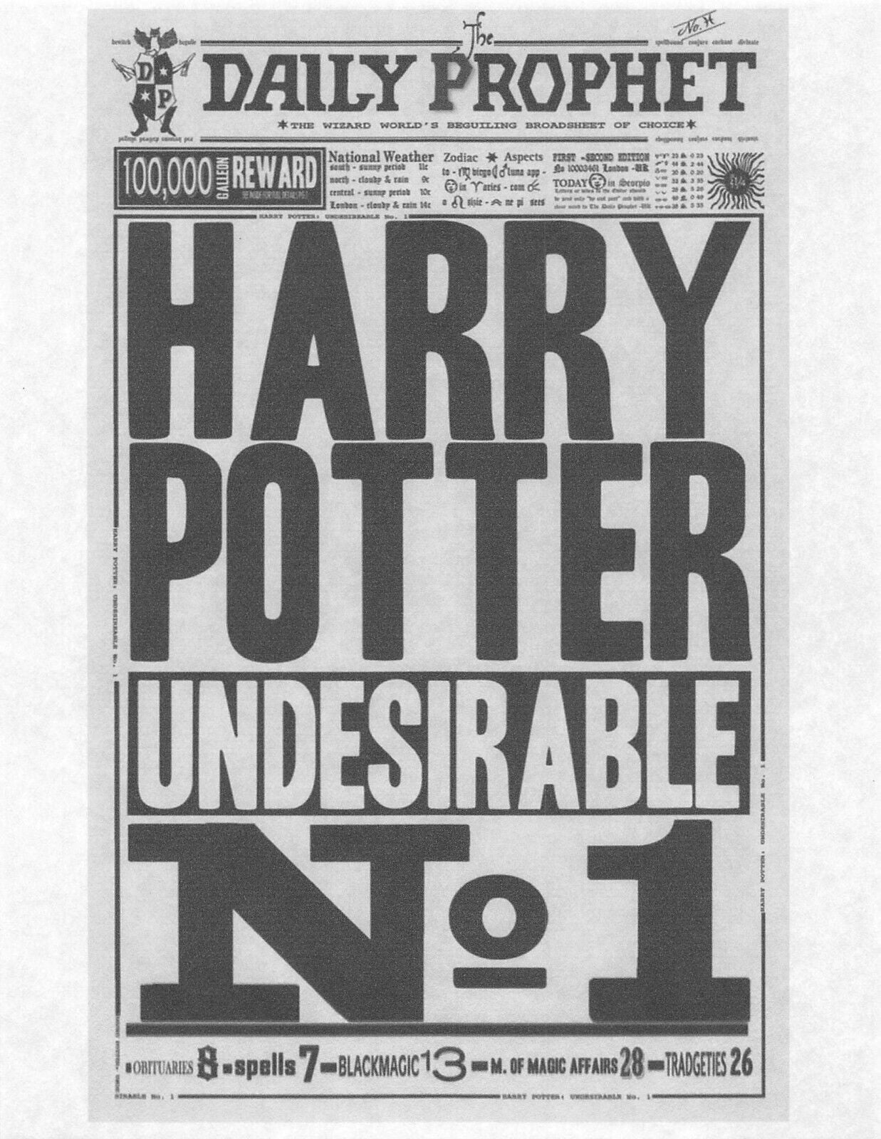 POSTER Harry Potter Daily Prophet Undesirable No 1 Flyer/Poster Prop ...