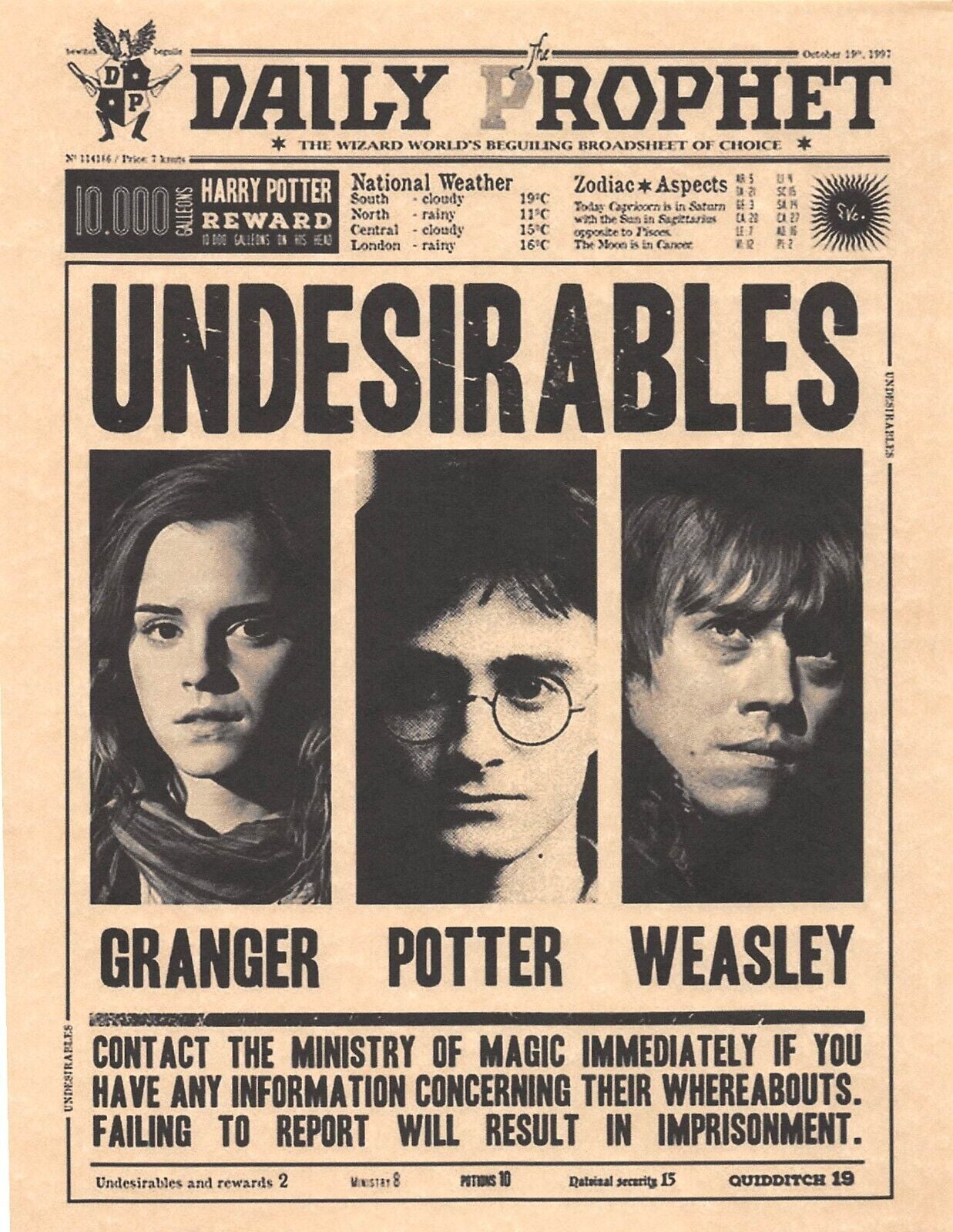 POSTER Harry Potter Daily Prophet Undesirables Hermione Granger Harry ...