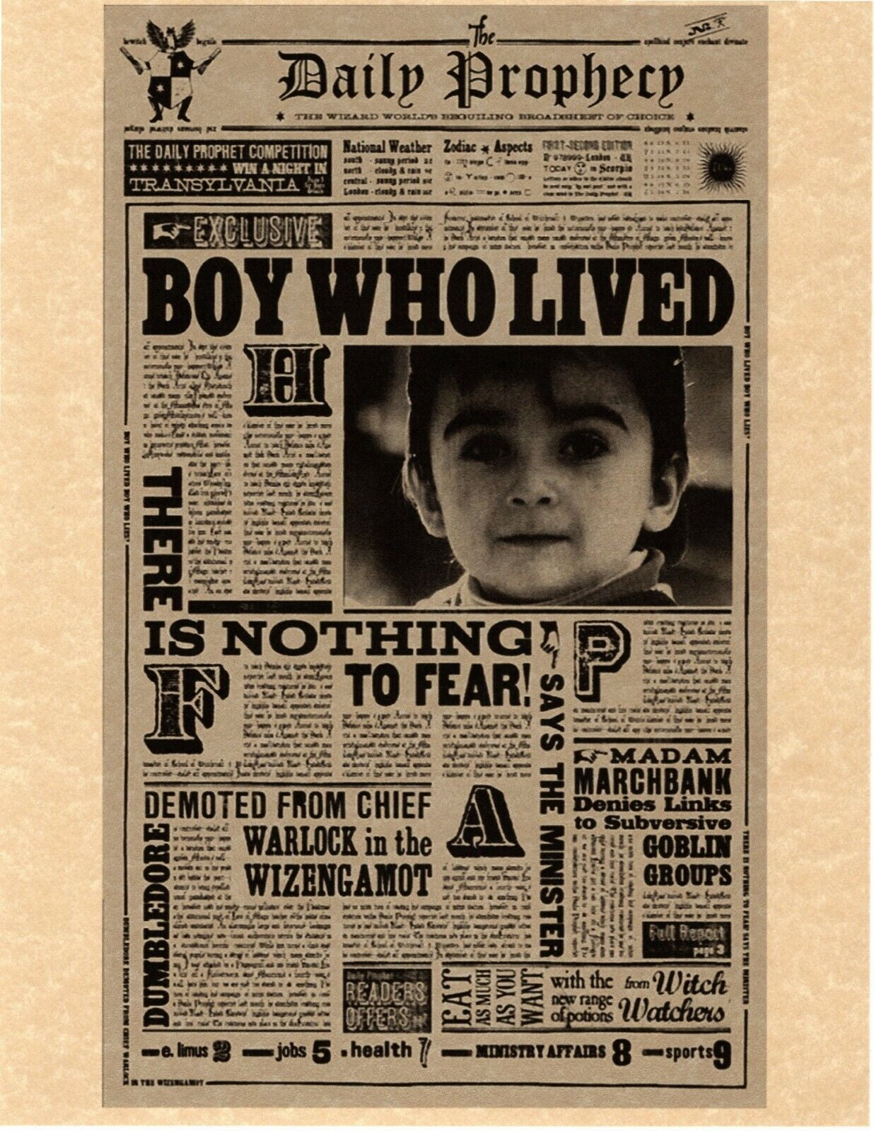 POSTER Harry Potter The Daily Prophet Boy Who Lived Flyer/Poster Prop ...