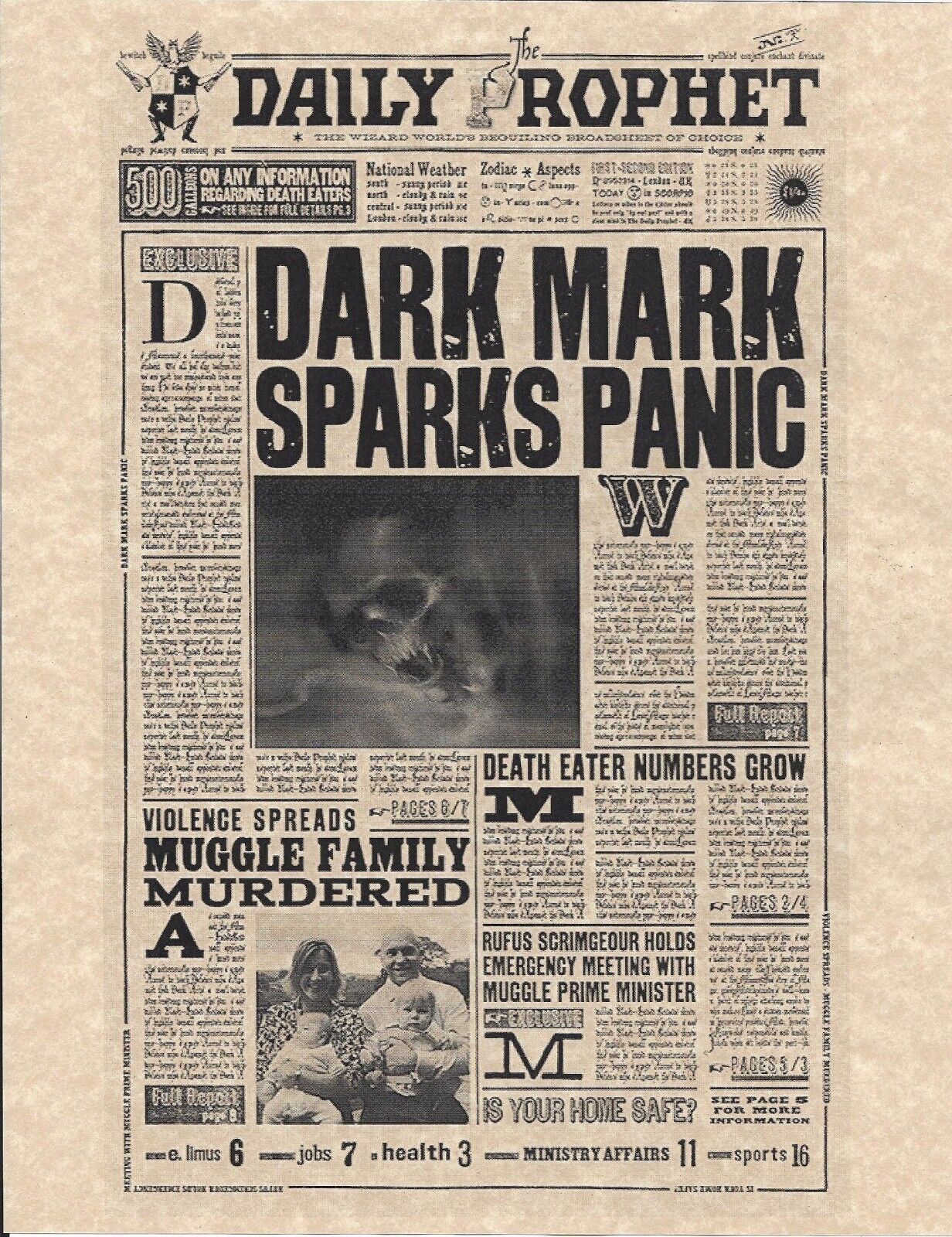 POSTER Harry Potter The Daily Prophet Dark Mark Sparks Panic Flyer Prop ...
