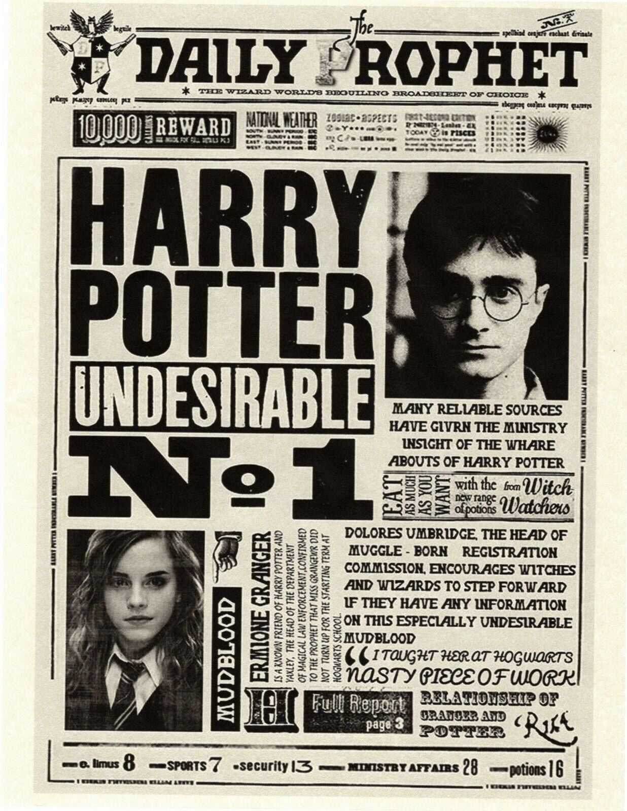 POSTER Harry Potter Undesirable Number 1 Wanted Poster Daniel Radcliffe ...