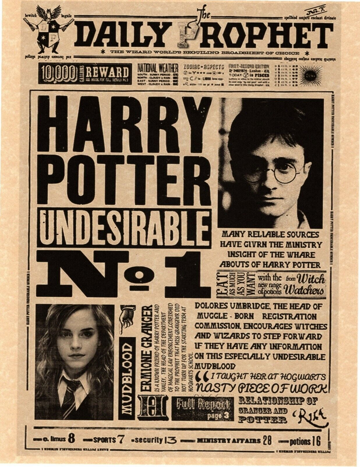 POSTER Harry Potter Undesirable Number 1 Wanted Poster Daniel Radcliffe ...