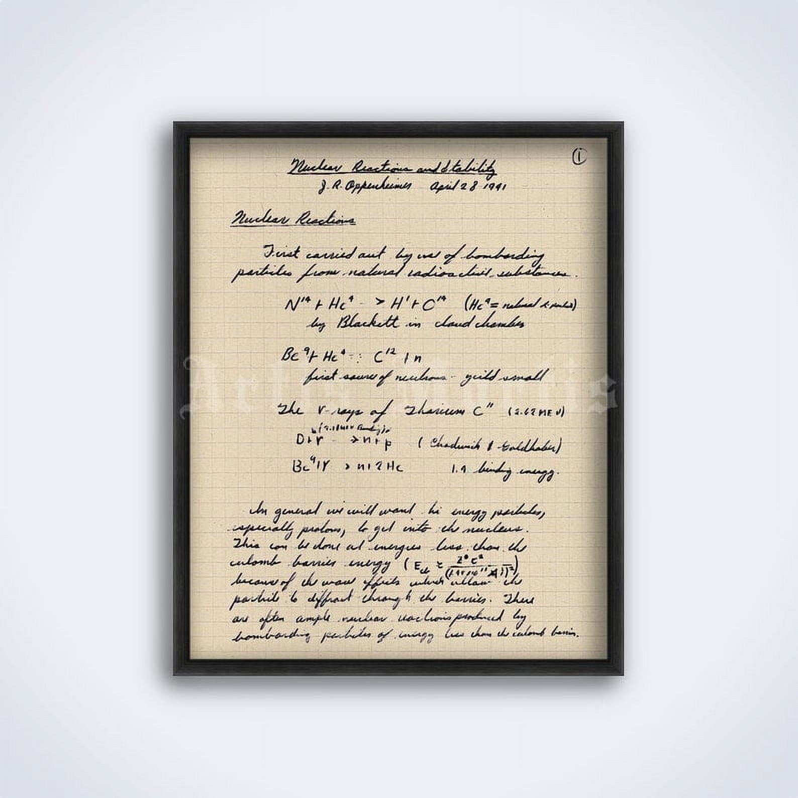 POSTER J. Robert Oppenheimer 1941 manuscript, nuclear physics, atomic ...