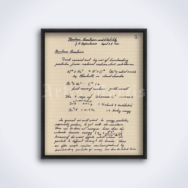 POSTER J. Robert Oppenheimer 1941 manuscript, nuclear physics, atomic ...