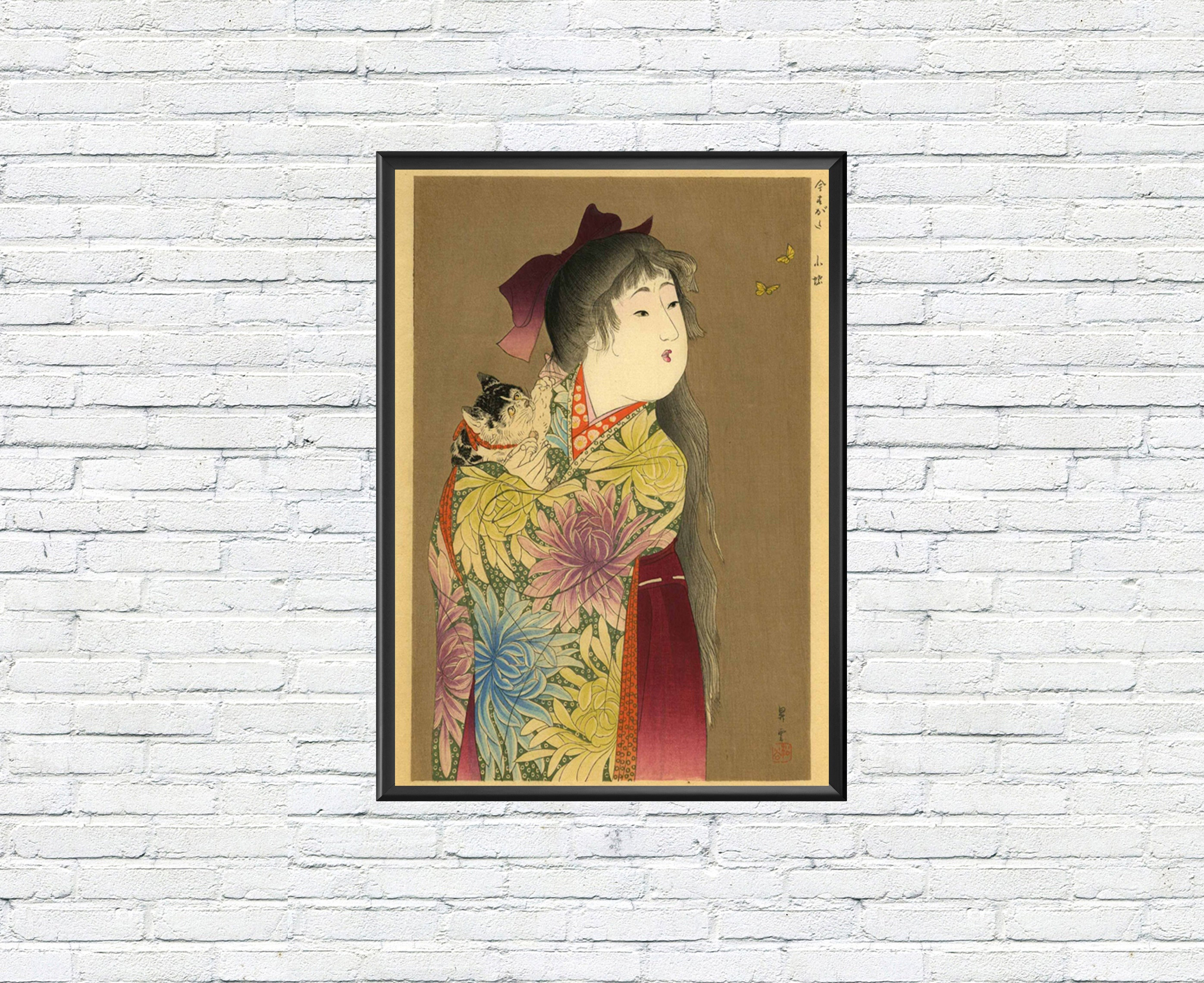 POSTER Japanese Girl with Kitten Poster, Cute Vintage Japanese Art ...