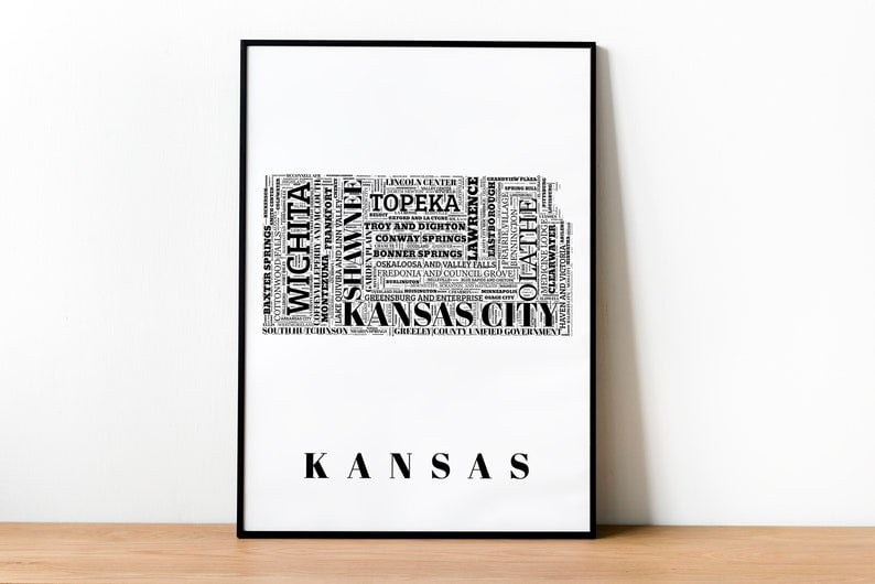 POSTER Kansas State Map, Kansas Word Cloud, Kansas Typography Map ...