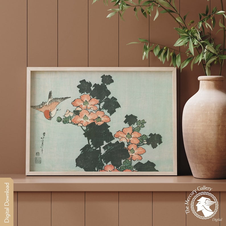 Poster Katsushika Hokusai's Red Roses and Bird, Hokusai Print, Japan ...