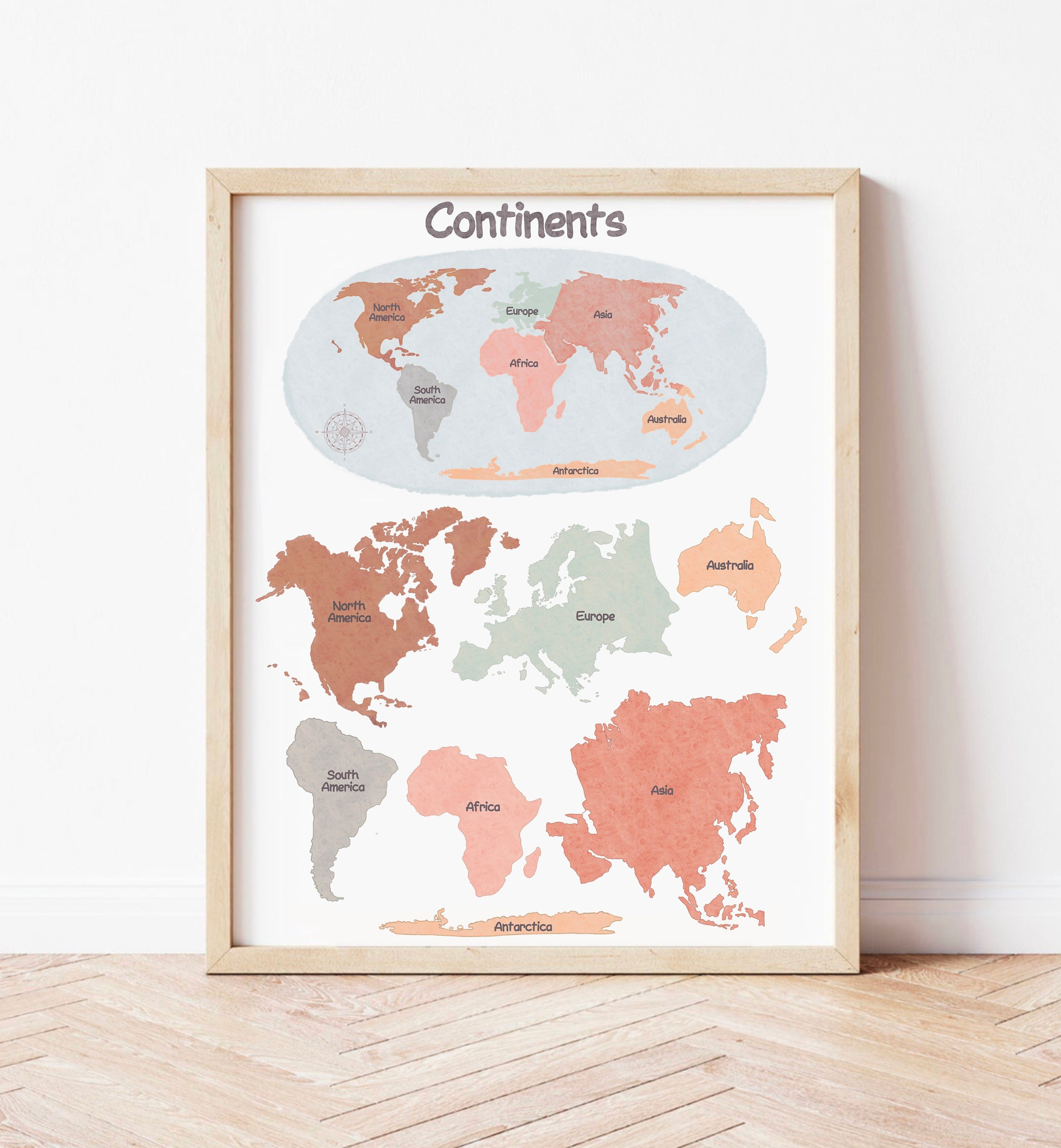 POSTER Kids World Map Continents Educational Poster Pastel Nursery ...