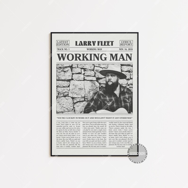 POSTER Larry Fleet Newspaper Print, Working Man Poster, Lyrics Print ...