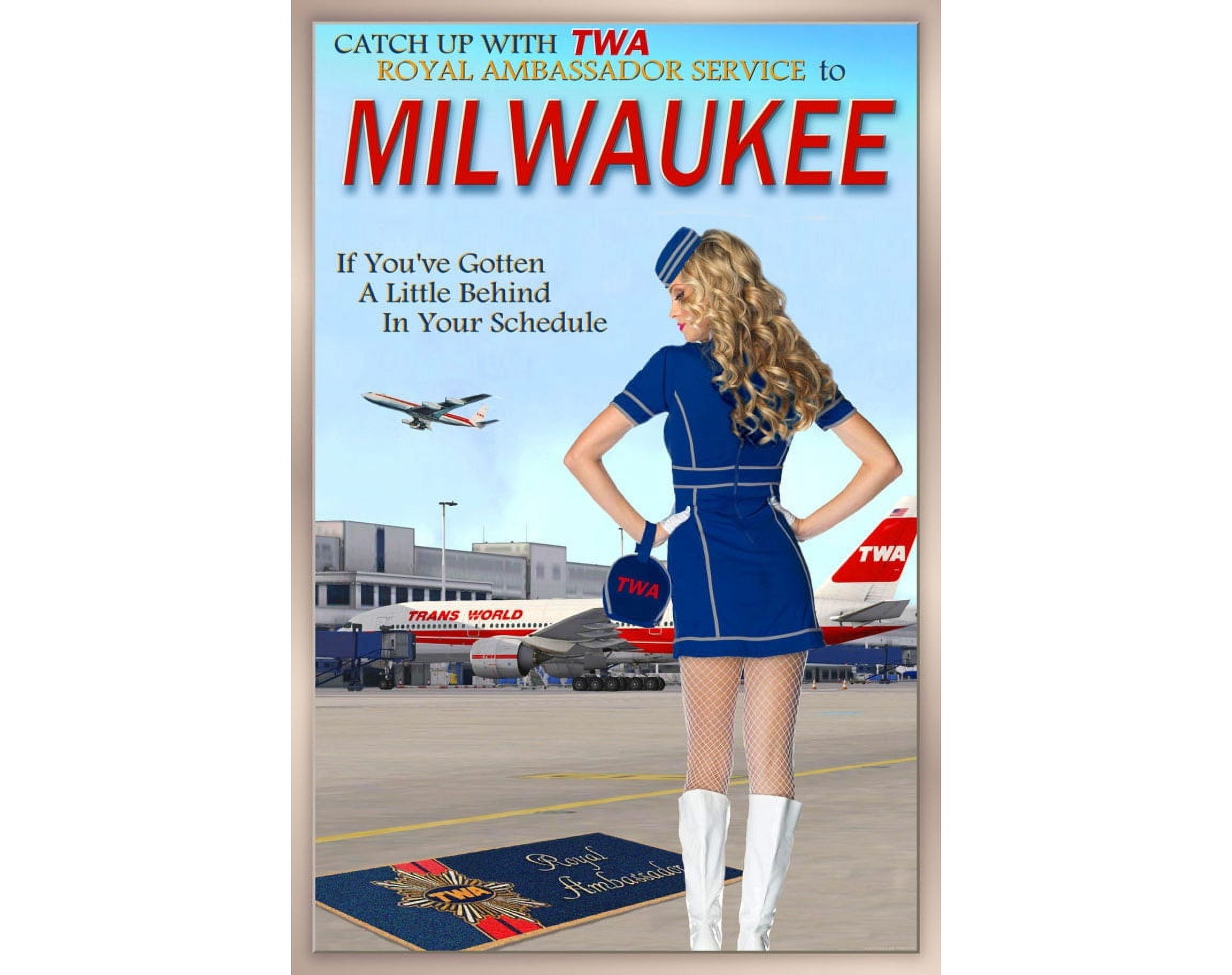 POSTER MILWAUKEE Wisconsin TWA Trans World Airlines Boeing 777 Plane Poster Retro 707 Stewardess ...