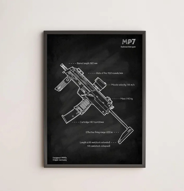 POSTER MP7 submachine gun blueprint poster wall art-12x18-UNFRAMED ...