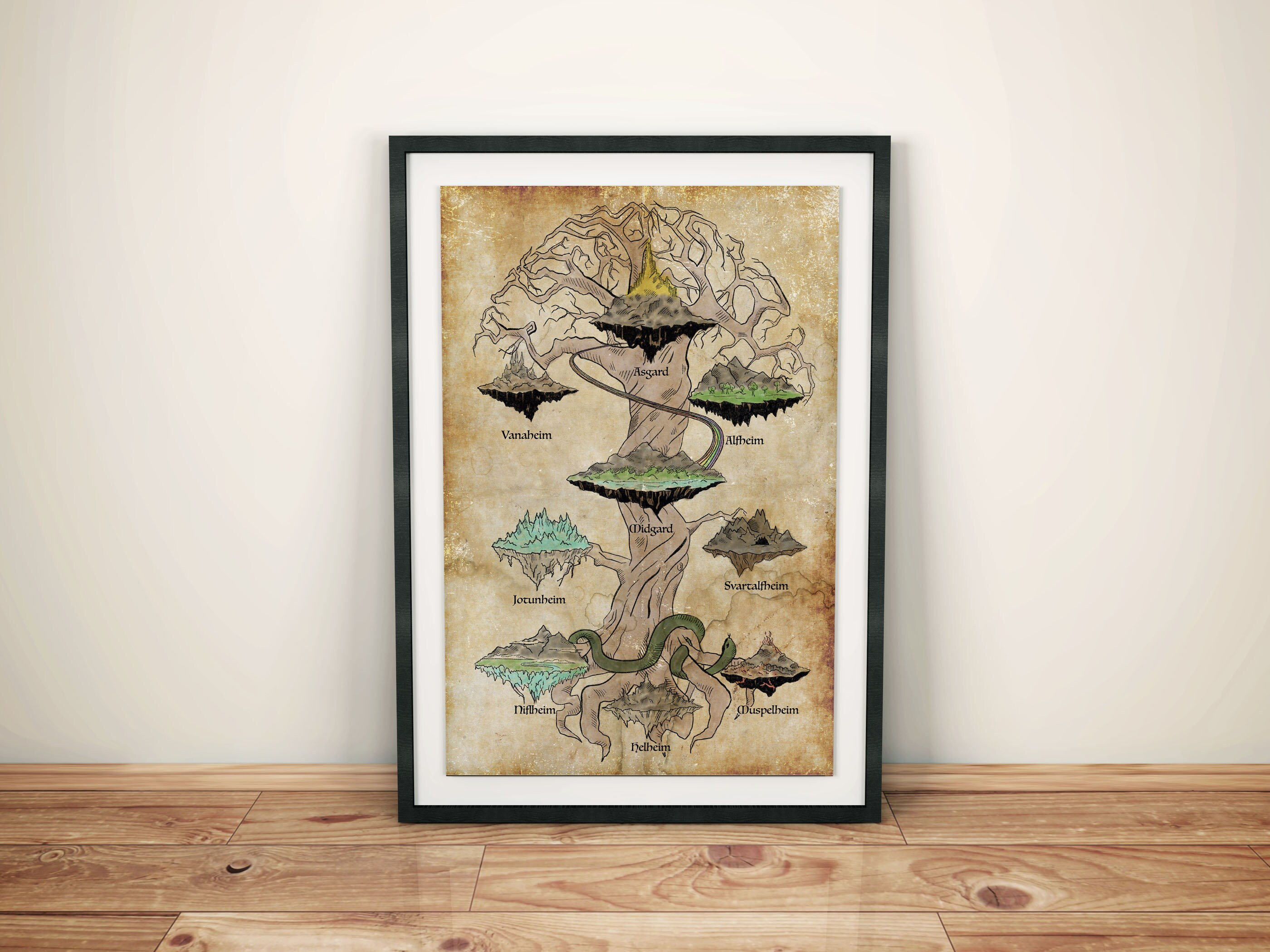 POSTER Map of Norse Mythology - Vintage Style Nine Realms Map A4 A3 A2 A1 A0 Poster Print ...