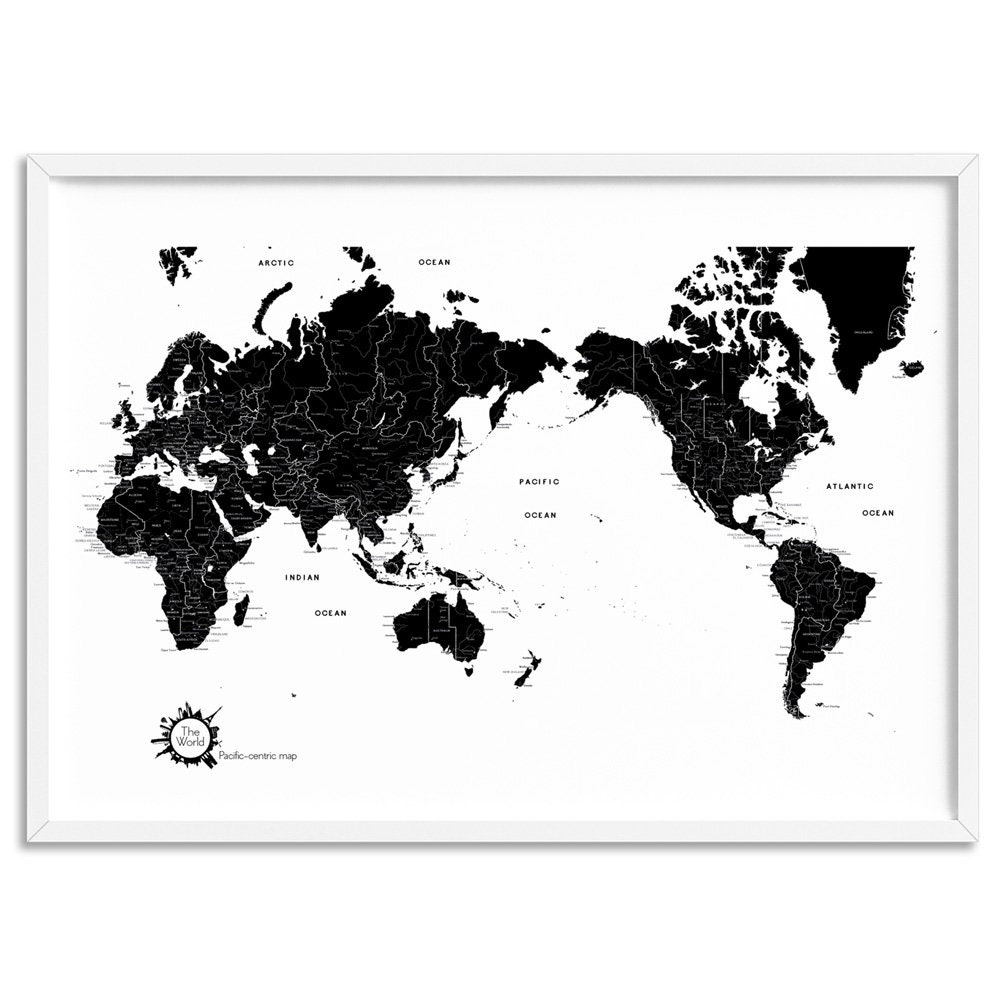 POSTER Map of the World Wall Art Print. Black and White, Simple Scandi ...