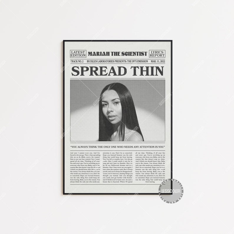POSTER Mariah the Scientist Newspaper Print, Spread Thin Poster, Lyrics ...