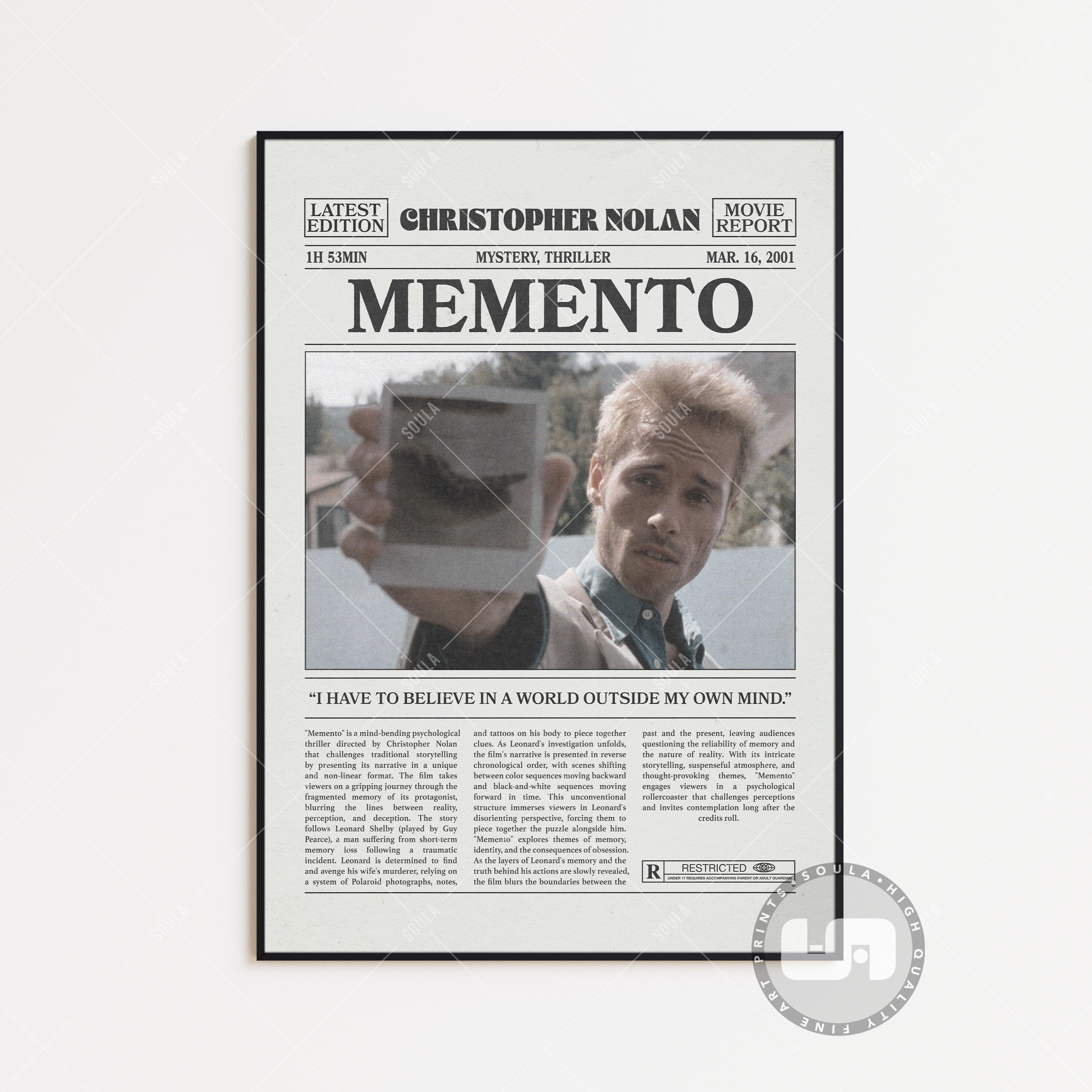POSTER Memento, Christopher Nolan, Retro Newspaper Movie Poster, Black White Wall Art, Vintage ...