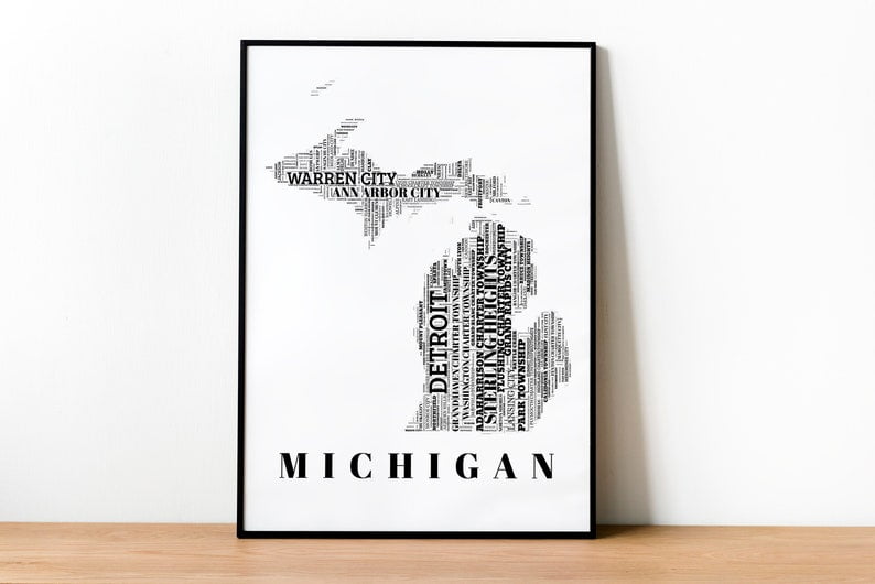 POSTER Michigan State Map, Michigan Word Cloud, Michigan Typography Map ...